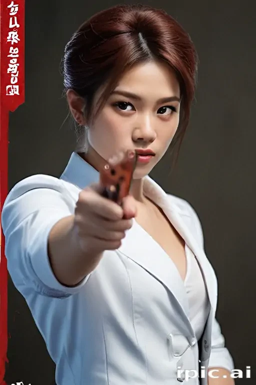 Confident Woman in White Suit Aiming Pistol with Determined Expression