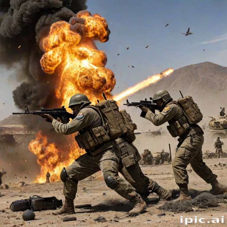 Intense Battlefield Scene with Soldiers Engaged in Fierce Combat and ...