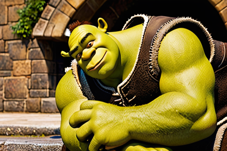 Buff Shrek laying on his side posing with his head on his hand