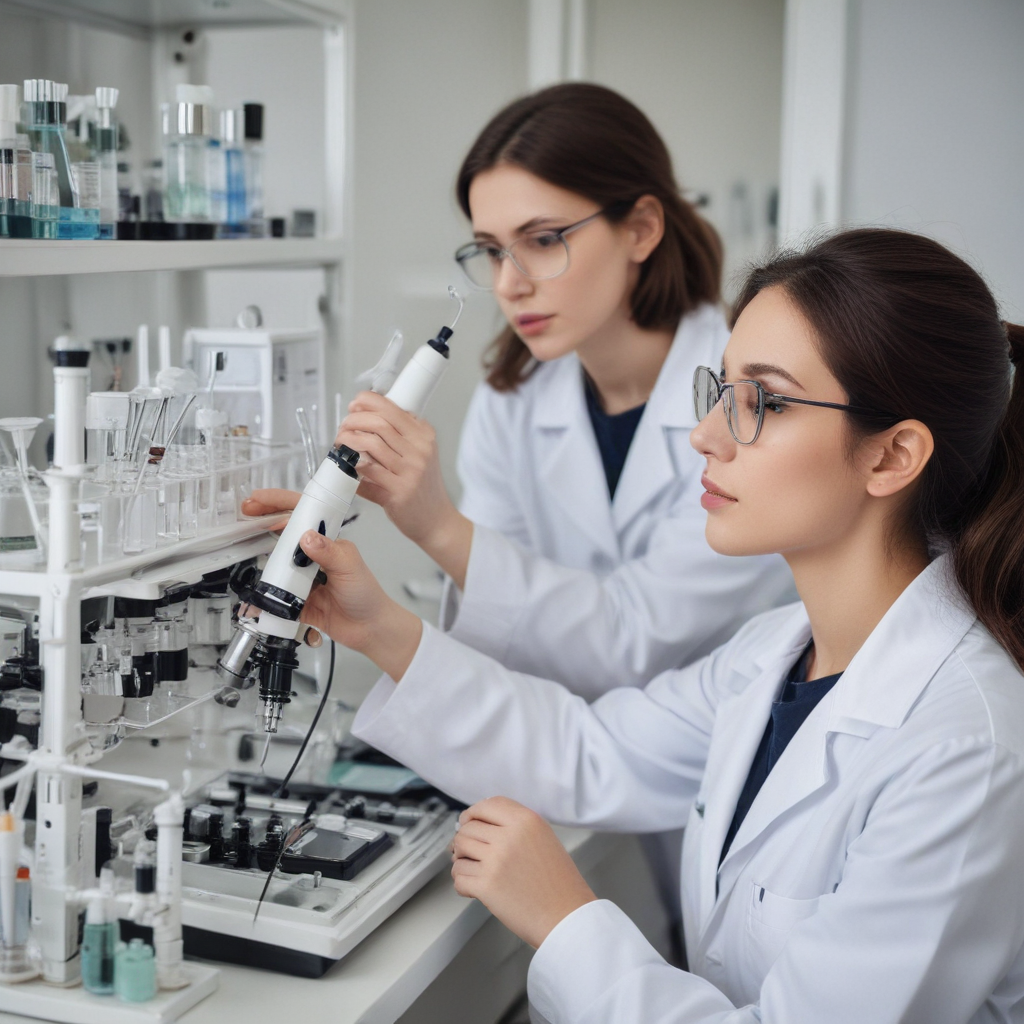 an analytical scientist who is working multitasking with a HPLC, with ...