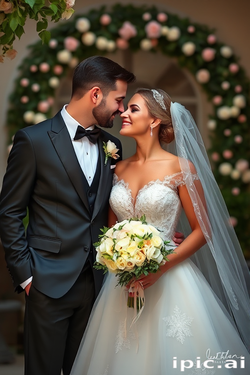 A Joyful Bride and Groom Sharing a Romantic Moment in Wedding Attire.