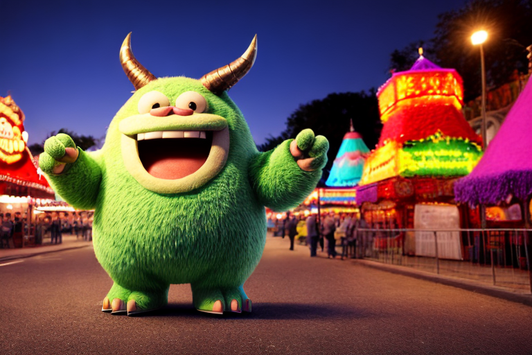 fluffy cute fat monster with horns in a fairground at night