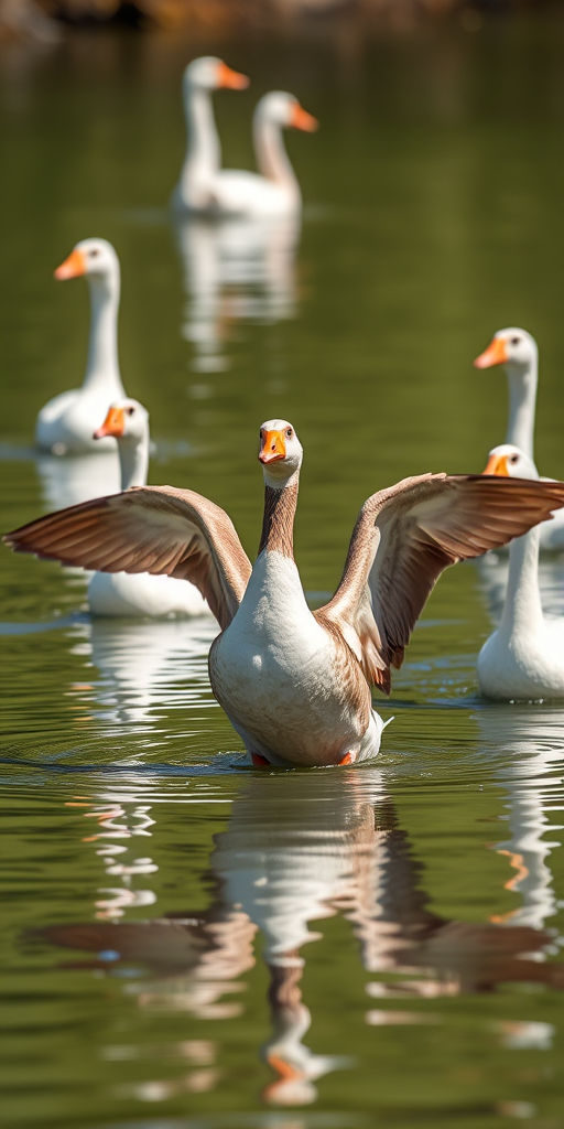 A Majestic Goose Spreads Its Wings Amongst a Group of Ducks.