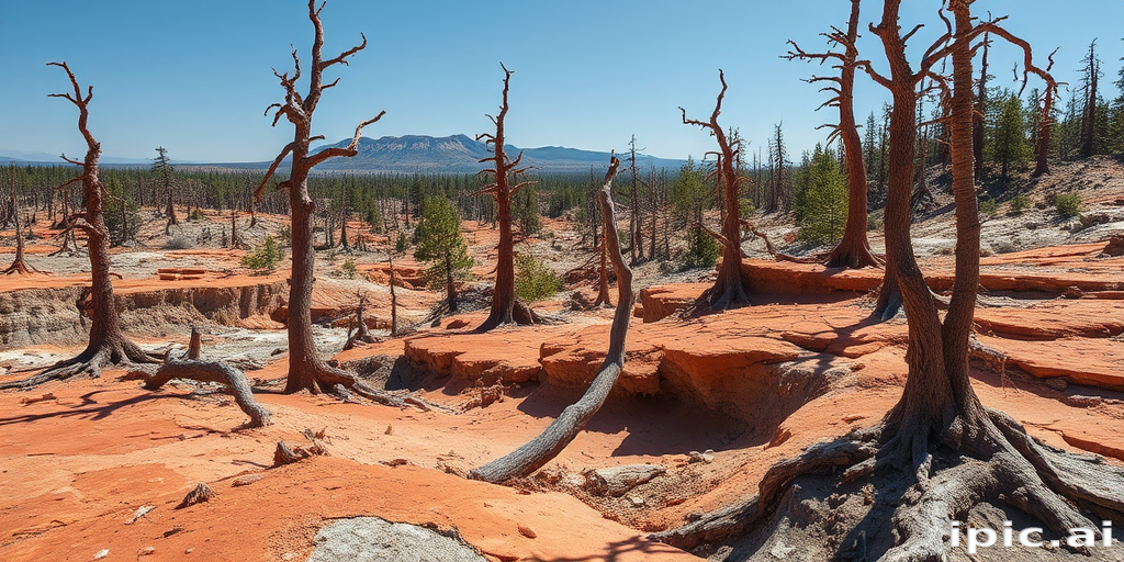 Desolate Landscape Featuring Striking Red Earth and Gnarled Trees Under ...