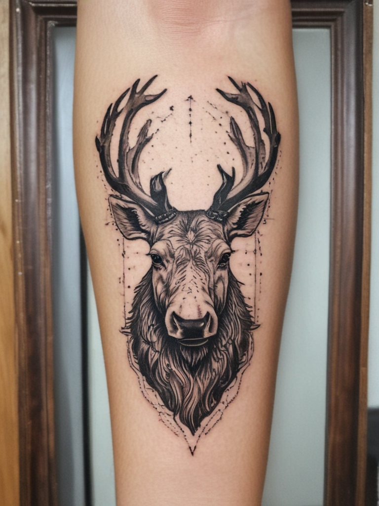 arm tattoo of moose head outline in a picture frame