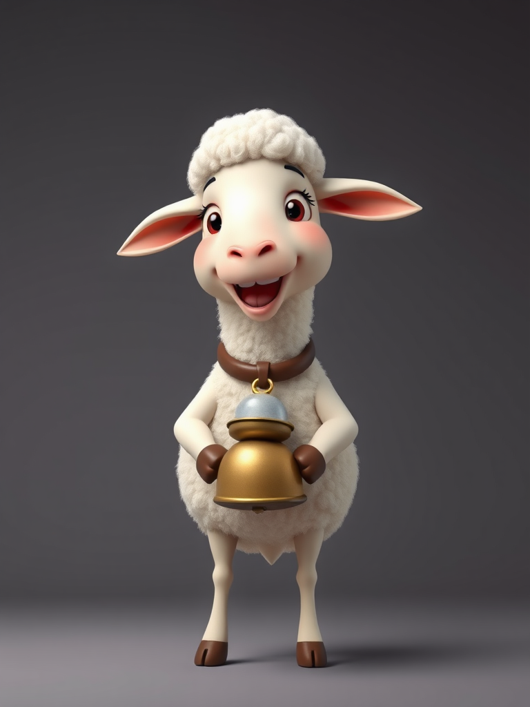 A Cheerful Cartoon Sheep Holding a Golden Bell with a Big Smile