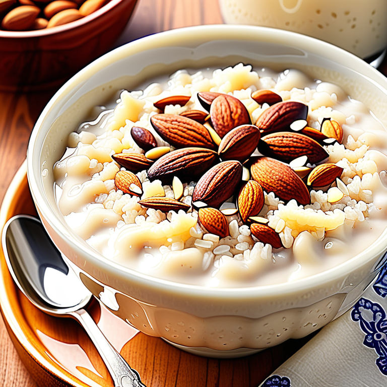 Delicious Bowl of Creamy Almond Rice Pudding Garnished with Nuts.