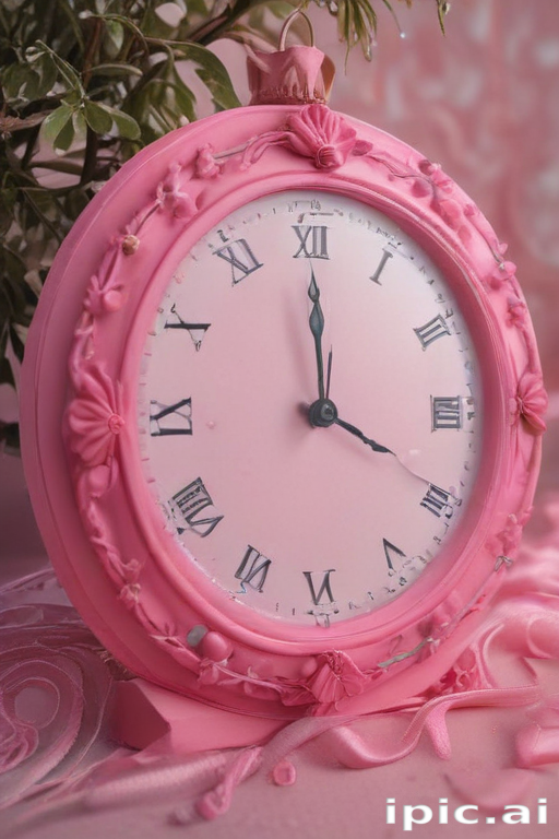 Elegant Pink Clock Adorned with Floral Designs and Roman Numerals