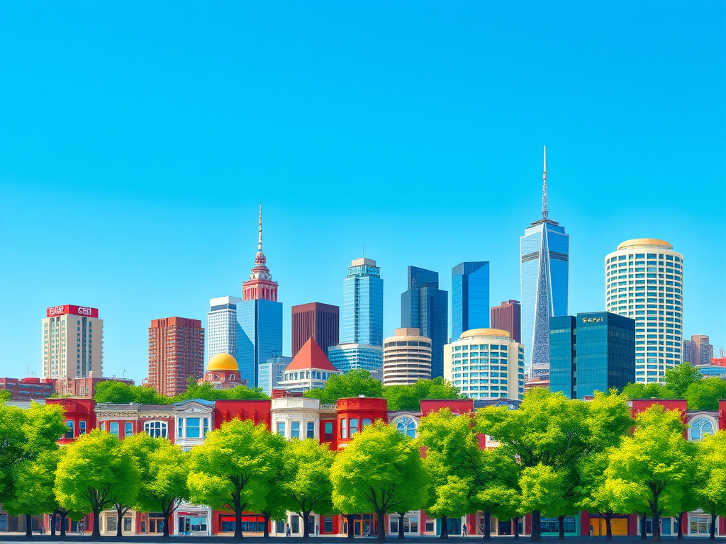 Create a vibrant and detailed city skyline illustration with a mix of ...