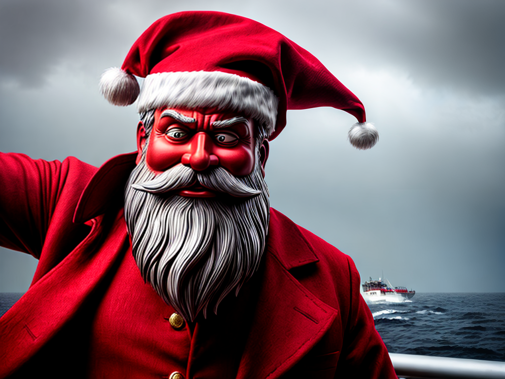 close up of santa claus as a pirate standing on a ship in a storm at ...