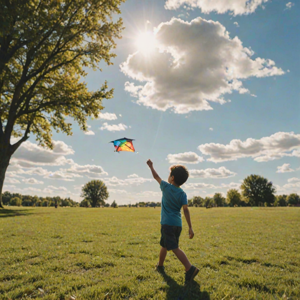 Joyful Child Flying a Colorful Kite Under a Bright Blue Sky