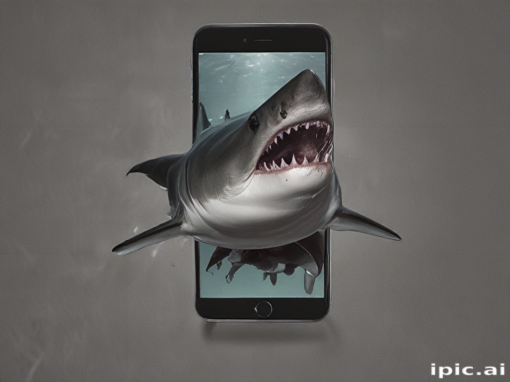 Shark Emerging from Smartphone Screen: A Surreal Underwater Encounter