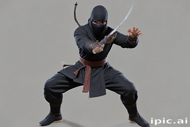Dynamic Ninja Poses with Sword Ready for Action in Battle Stance