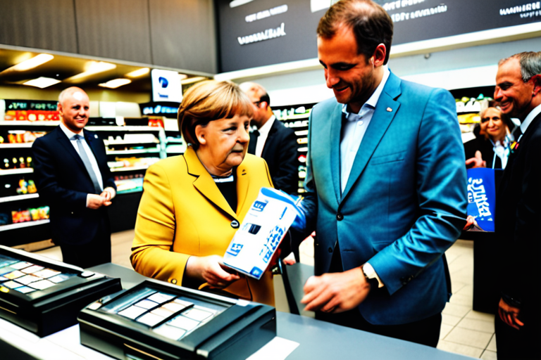 angela merkel collects money at the checkout