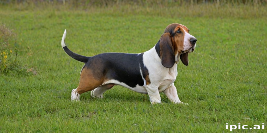 A Playful Basset Hound Standing Proudly in a Lush Green Field.