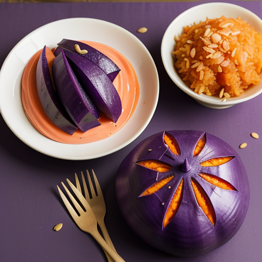 Colorful Culinary Creations: Sliced Eggplant and Orange Rice Delight on ...