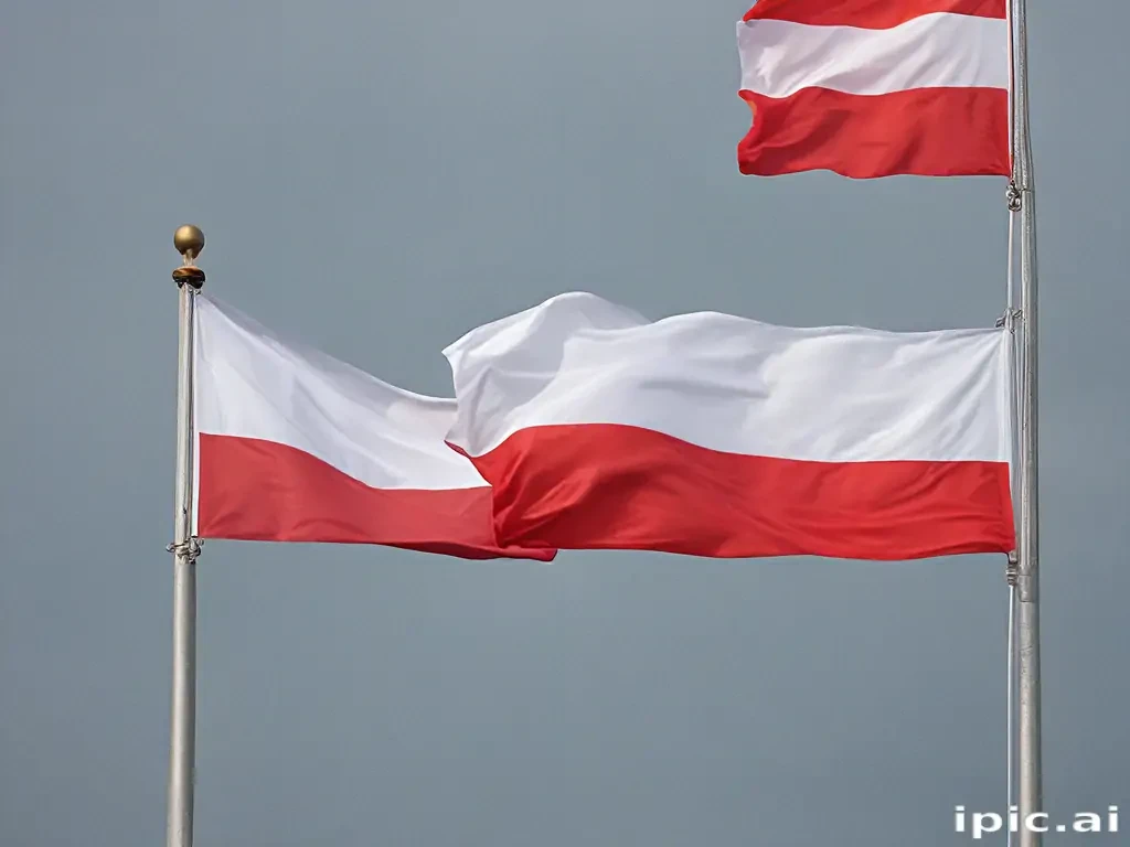 Polish Flags Waving Gracefully Against a Clear Gray Sky Background