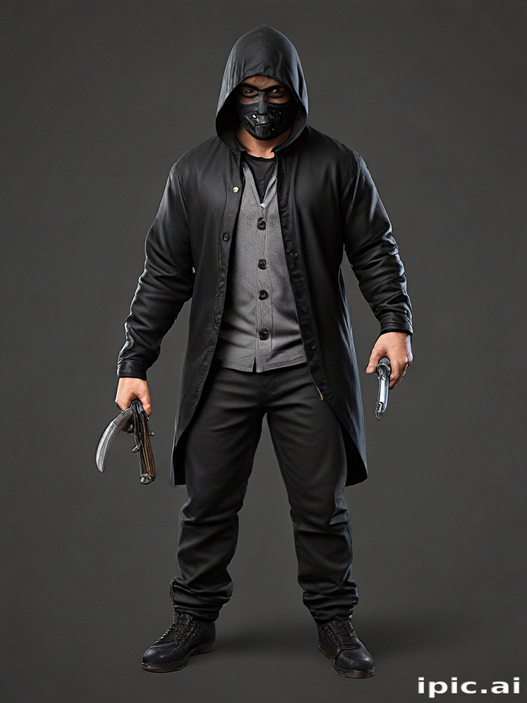 Masked Figure in Dark Hooded Outfit Holding Weapons, Exuding Mystery ...