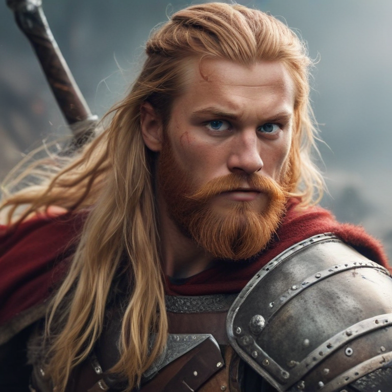 A Viking, Flowing Blonde hair like fire, wild red beard, Nordic armor ...