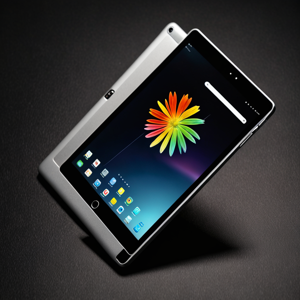 electronic tablet standing vertical direction floating in the air with ...