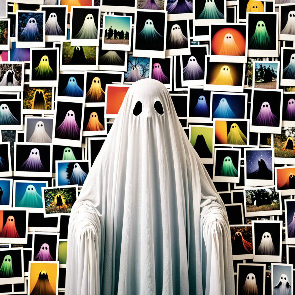 rainbow ghost surrounded by polaroids of other ghosts