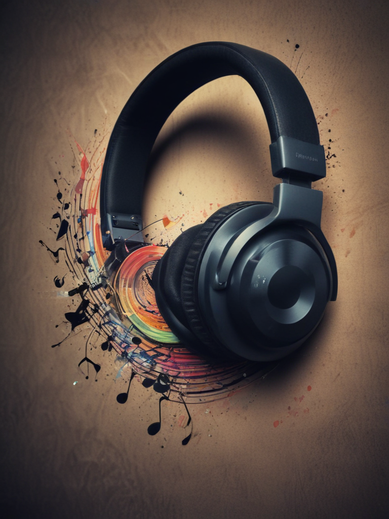 Stylish Headphones Surrounded by Vibrant Music Notes and Colorful Swirls