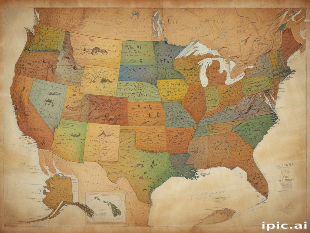 Colorful Historical Map of the United States with State Borders and ...