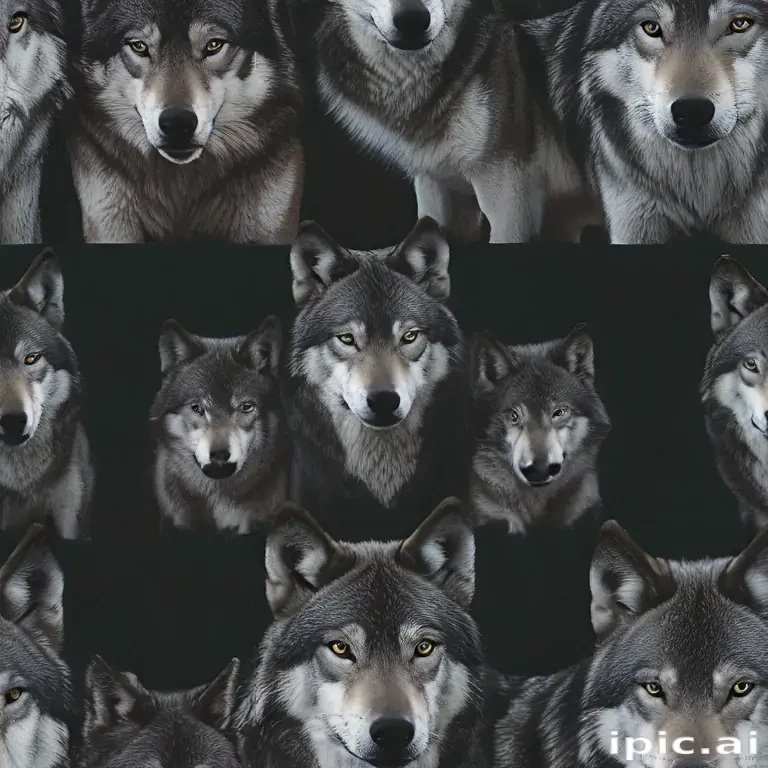 A Captivating Pattern of Majestic Wolves in a Dark Background Design.