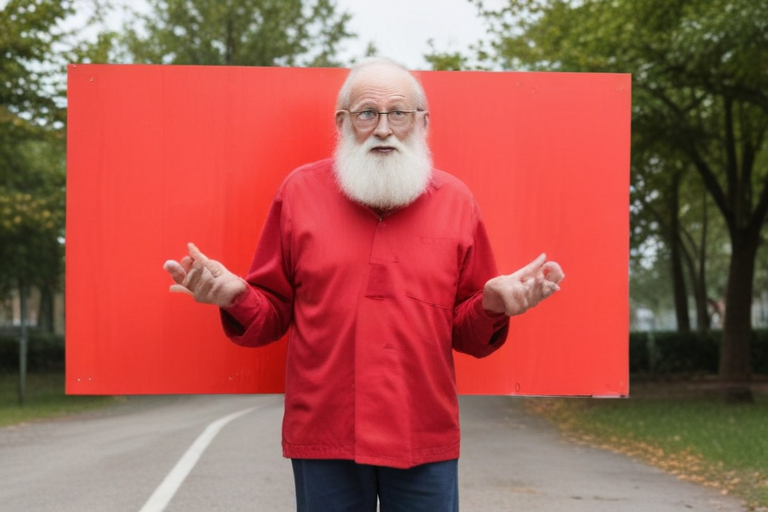 Old man holding a big red sign