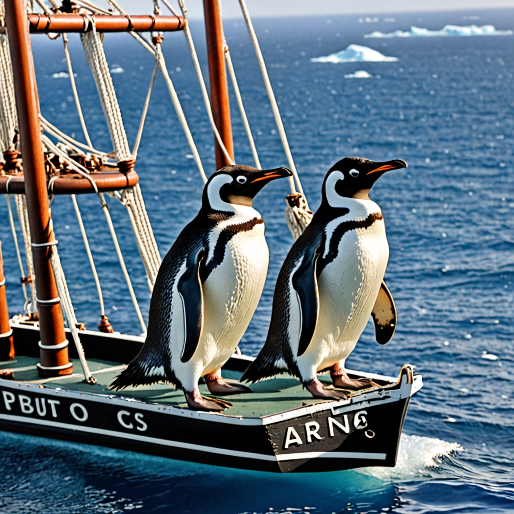 penguins on a flying ship