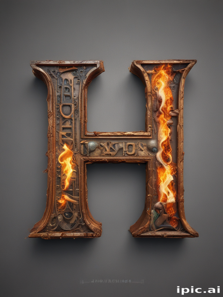 Intricate Letter H Crafted with Ancient Symbols and Fiery Elements