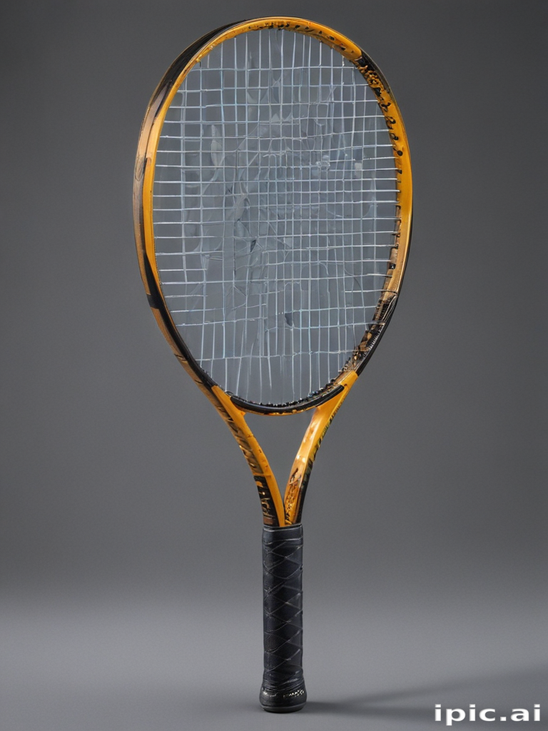 Close-Up View of a Worn Tennis Racket with Frayed Strings and Grip