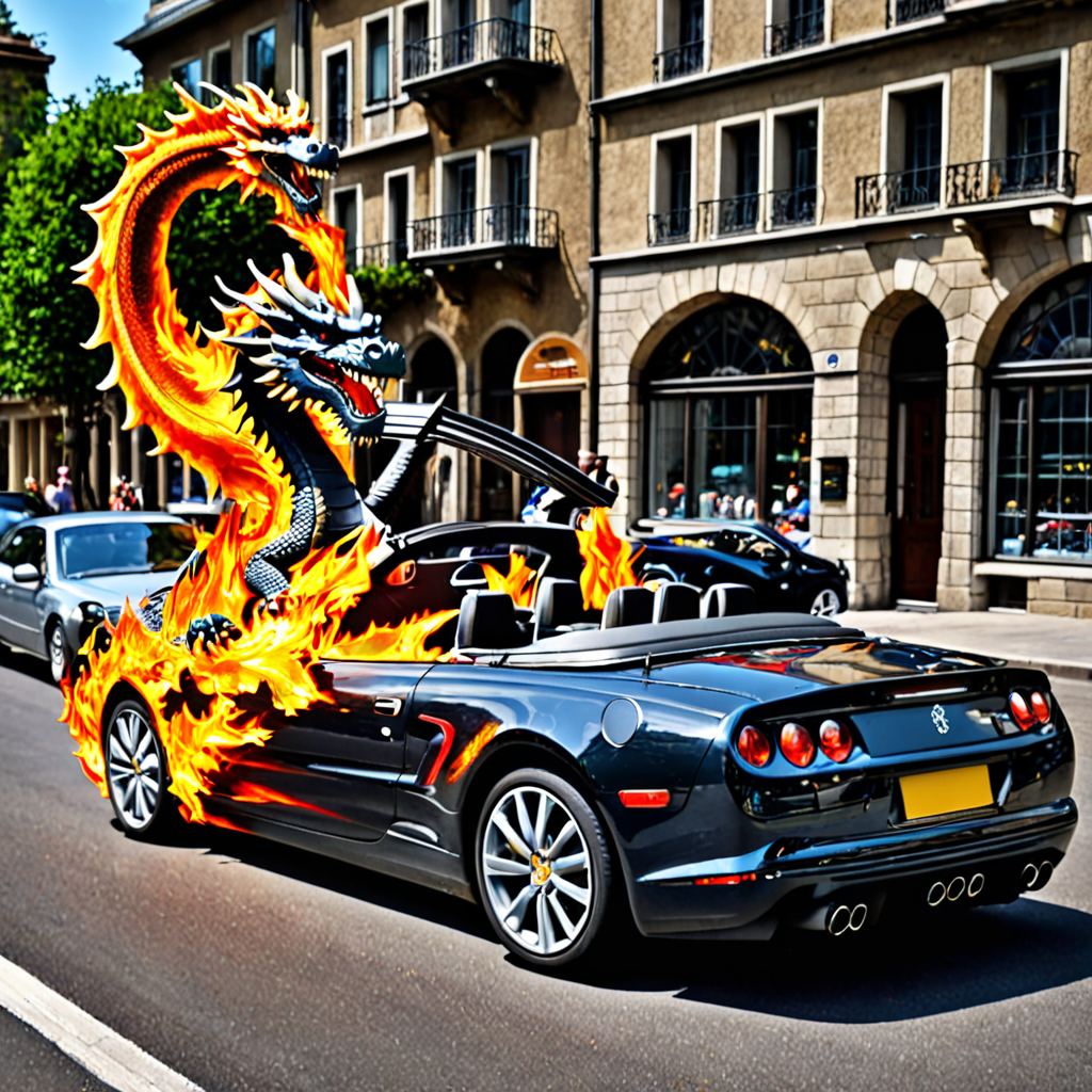 I want a flaming dragon to be driving a convertible car