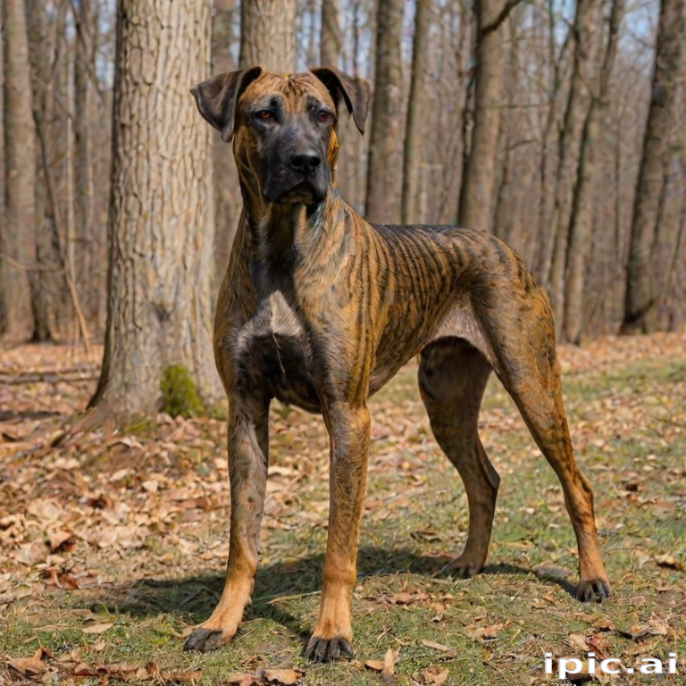A Striking Brindle Dog Standing Proudly in a Serene Forest Setting.