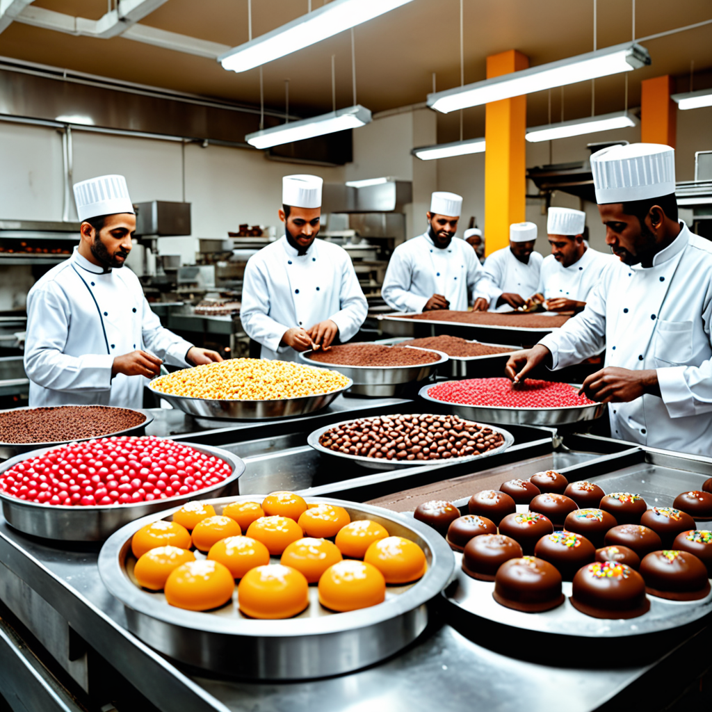 Realistic photo of a magical chocolate and candies Factory, but it ...