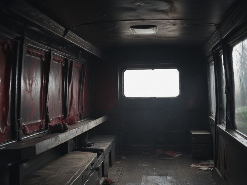 inside the back of an old, sordid and dark delivery van from a horror ...