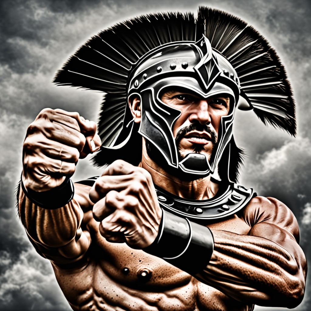 Realistic portrait of a Spartan warrior showing his fists