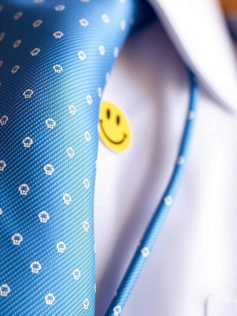 Generate an image of a blue necktie with a smiley face sticker ...