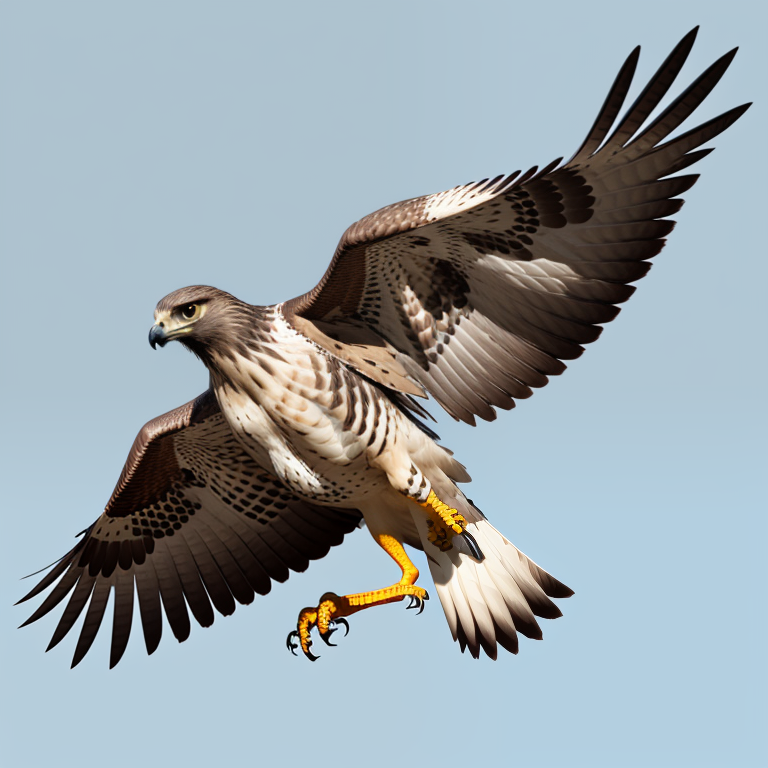 Majestic Hawk Soaring Gracefully Through a Clear Blue Sky Above.