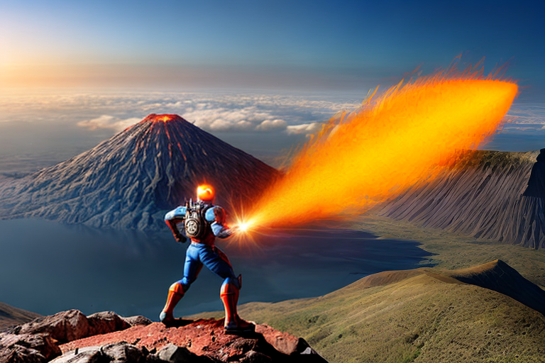 superhero with orange armor lifting a giant meteor straight into a volcano