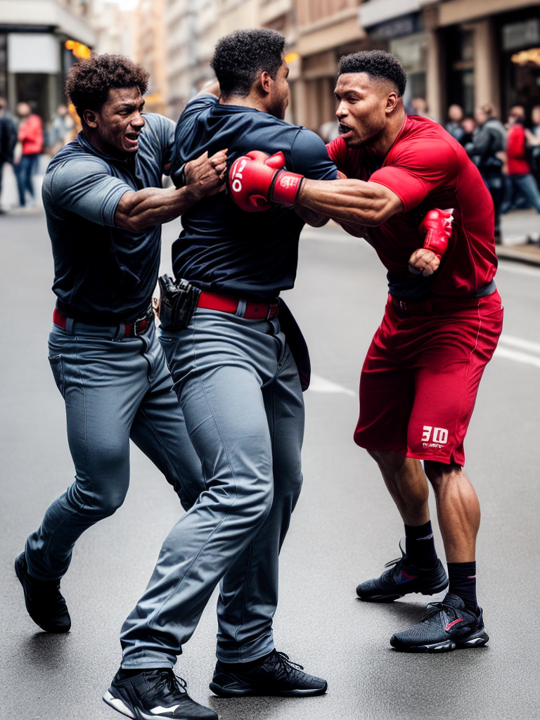 two men fighting in the street with a lot of blood