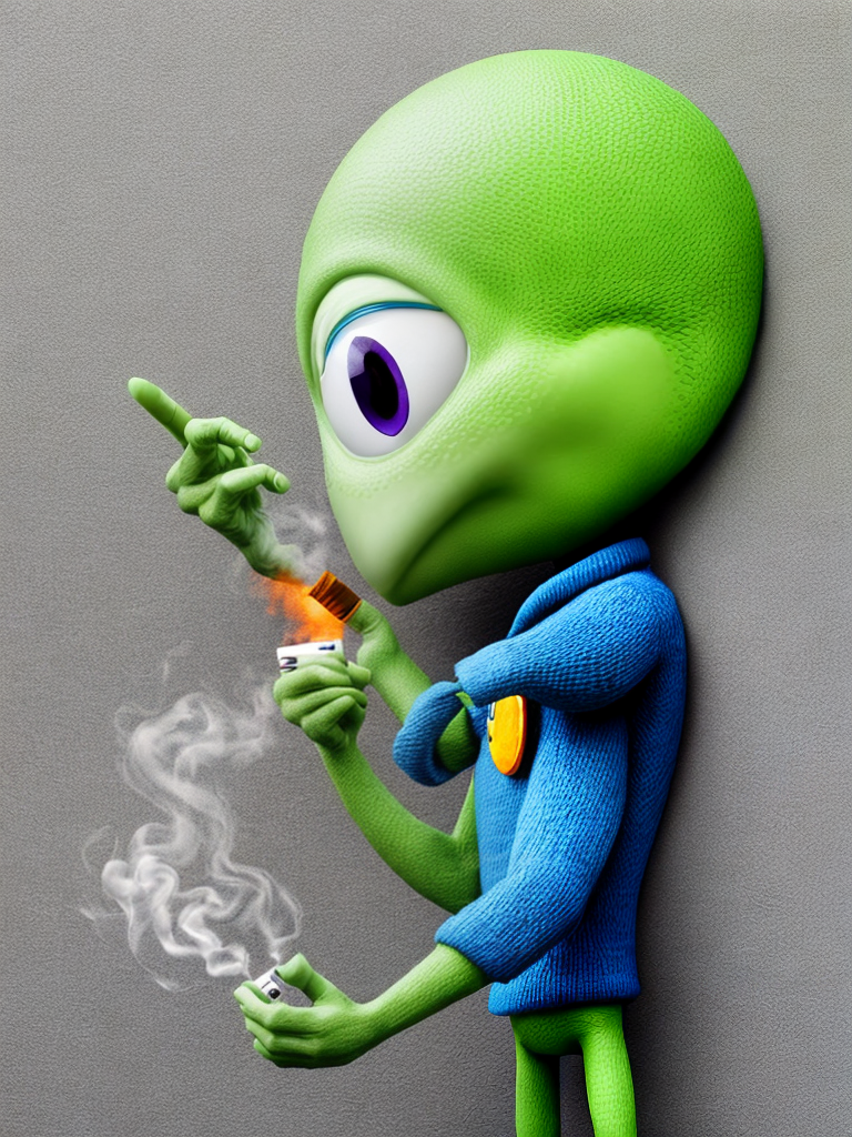 Alien smoking, showing the middle finger