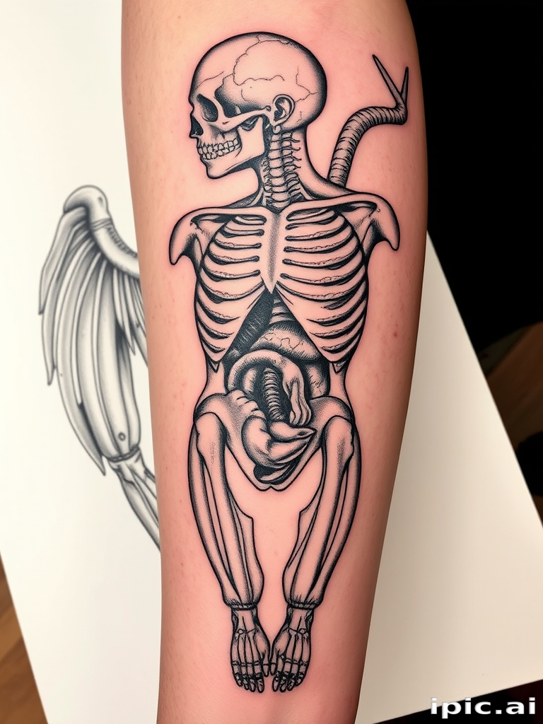 Intricate Tattoo Design Featuring a Skeleton Embracing Its Inner Self