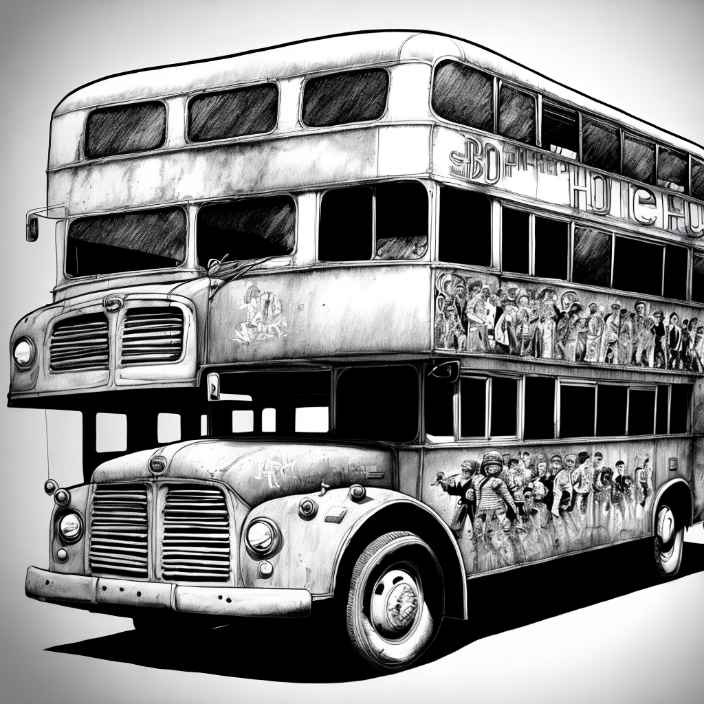 THE hip hop BUS in the street. COMIC BOOK. SKETCH STYLE. BLACK AND WHITE.