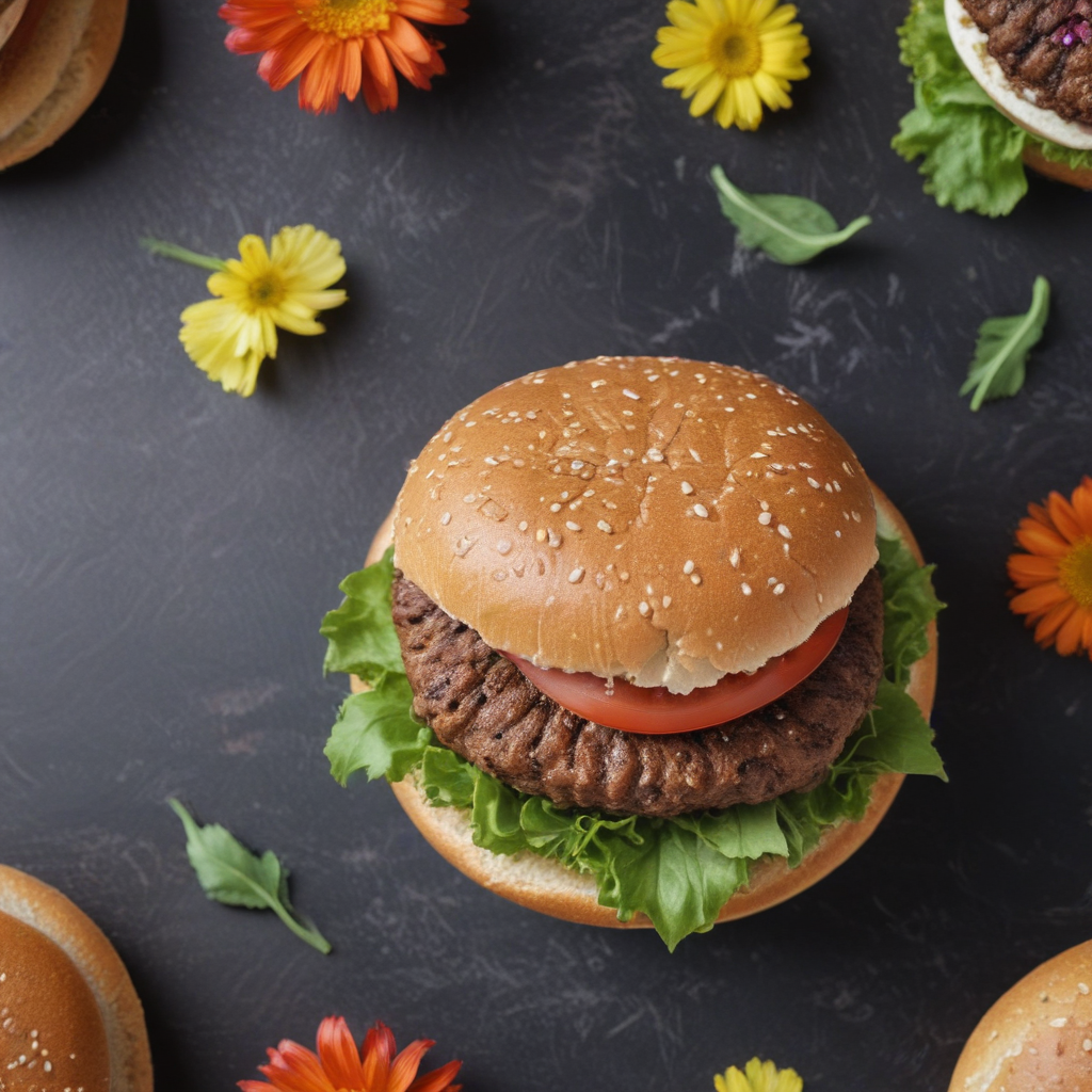 one delicious vegan burger without bread MADE WITH FLOWERS, from above ...