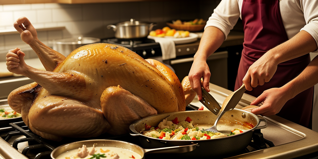 Preparing a Delicious Thanksgiving Feast with a Roast Turkey and Sides