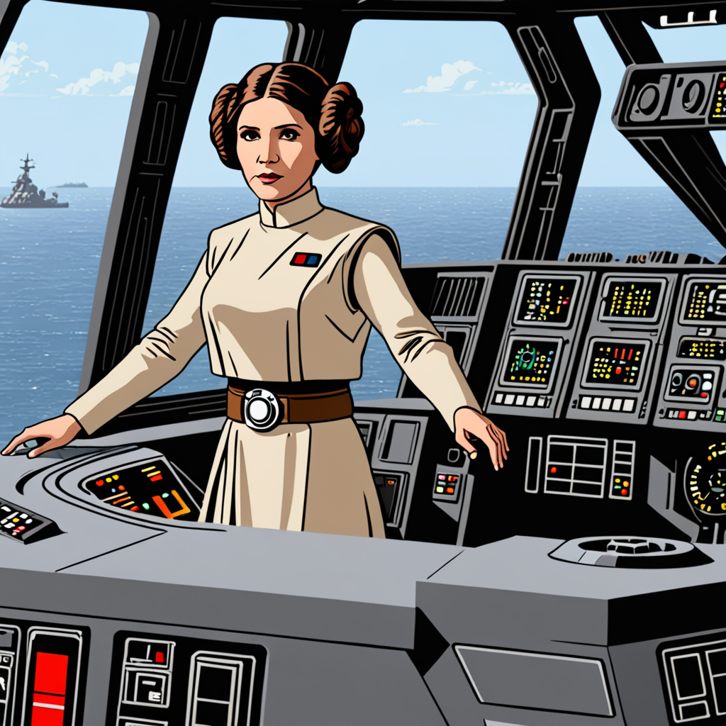 Princess Leia animated piloting a ship