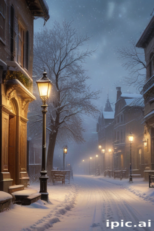 Enchanting Winter Evening: Snow-Covered Street Illuminated by Vintage ...