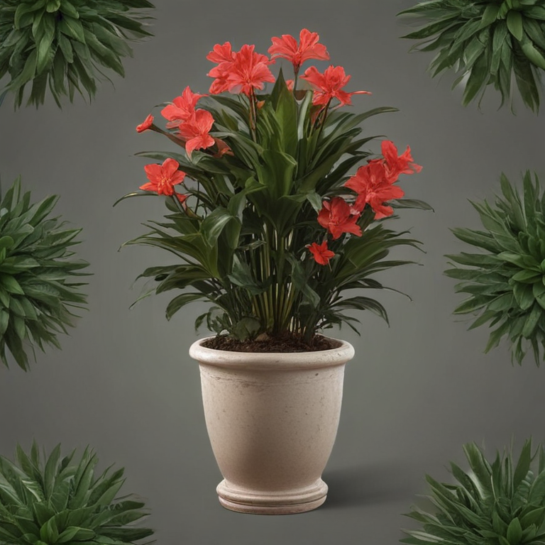 Vibrant Red Flowers in Elegant Pot Surrounded by Lush Greenery