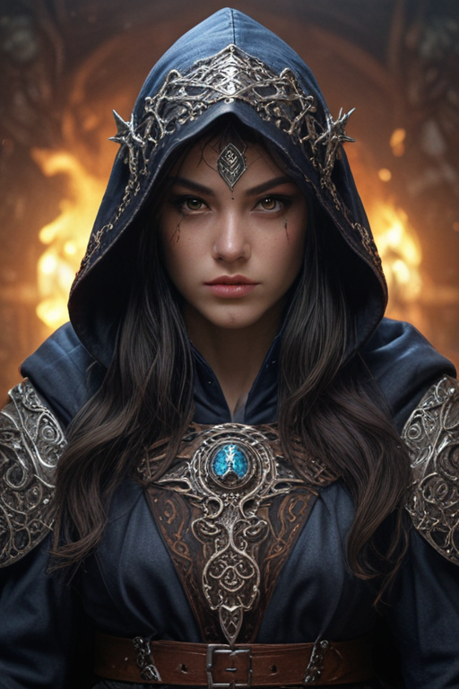 Druidic battle-witch in wizard robes and chainmail and pelt ...